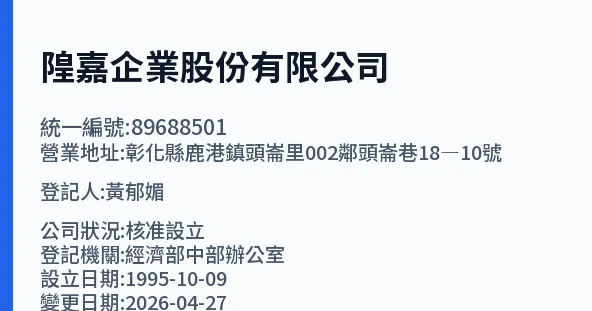 隍嘉企業股份有限公司的照片-統編 89688501(彰化縣) 公司登記資料與營業項目詳細圖表