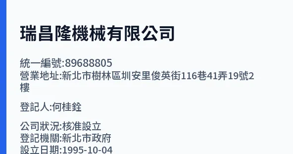 瑞昌隆機械有限公司的照片-統編 89688805(新北市) 公司登記資料與營業項目詳細圖表