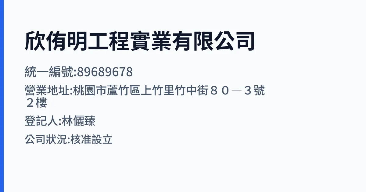 欣侑明工程實業有限公司 - 統編 89689678(桃園市) 公司登記資料與營業項目詳細圖表