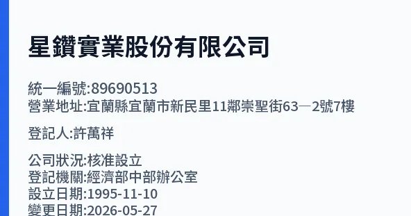 星鑽實業股份有限公司的照片-統編 89690513(宜蘭縣) 公司登記資料與營業項目詳細圖表