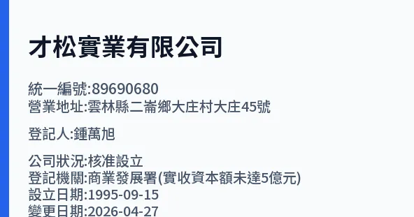 才松實業有限公司的照片-統編 89690680(雲林縣) 公司登記資料與營業項目詳細圖表