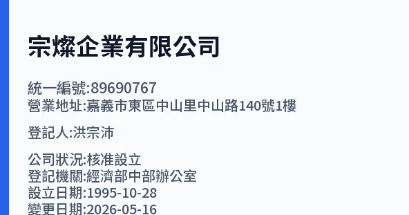 宗燦企業有限公司的照片-統編 89690767(嘉義市) 公司登記資料與營業項目詳細圖表