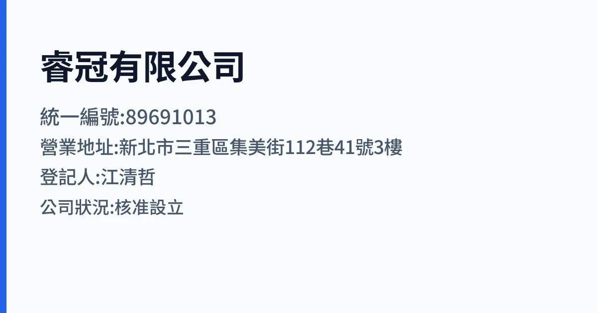 睿冠有限公司 - 統編 89691013(新北市) 公司登記資料與營業項目詳細圖表