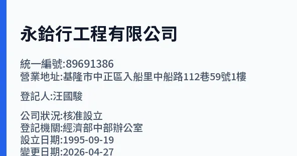 永鉿行工程有限公司的照片-統編 89691386(基隆市) 公司登記資料與營業項目詳細圖表