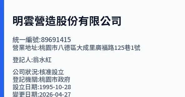 明雲營造股份有限公司的照片-統編 89691415(桃園市) 公司登記資料與營業項目詳細圖表
