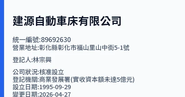 建源自動車床有限公司的照片-統編 89692630(彰化縣) 公司登記資料與營業項目詳細圖表