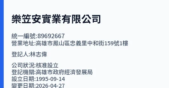 樂笠安實業有限公司的照片-統編 89692667(高雄市) 公司登記資料與營業項目詳細圖表