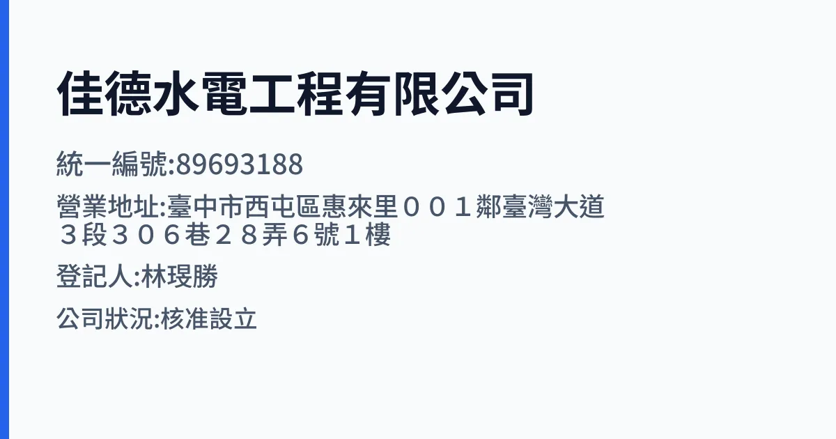 佳德水電工程有限公司 - 統編 89693188(臺中市) 公司登記資料與營業項目詳細圖表