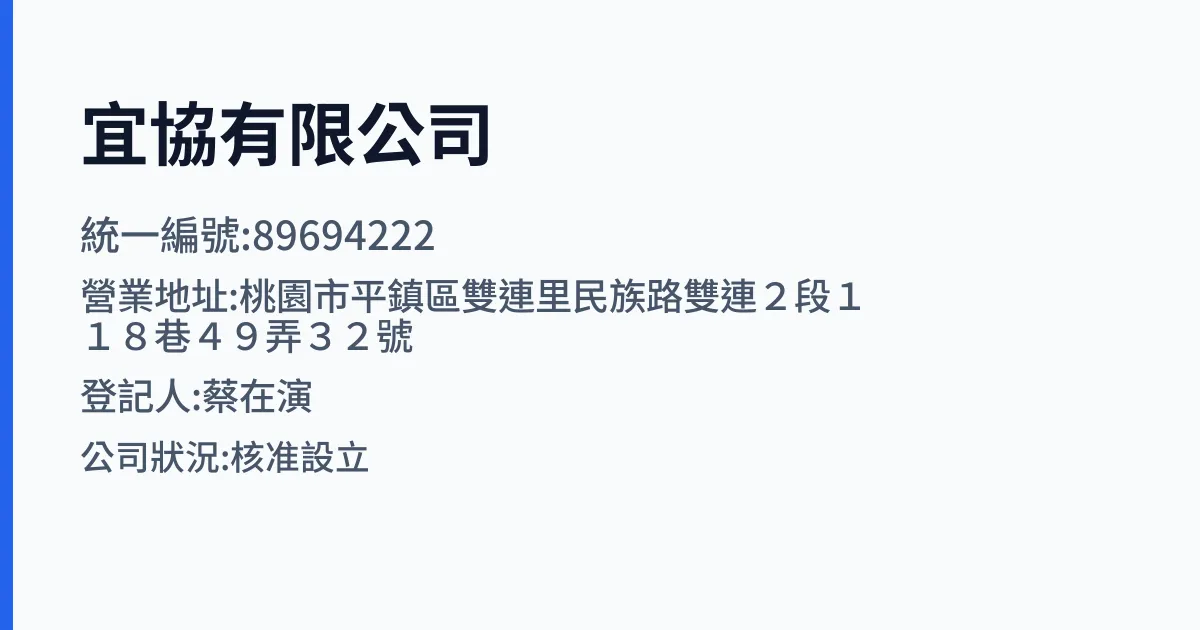 宜協有限公司 - 統編 89694222(桃園市) 公司登記資料與營業項目詳細圖表