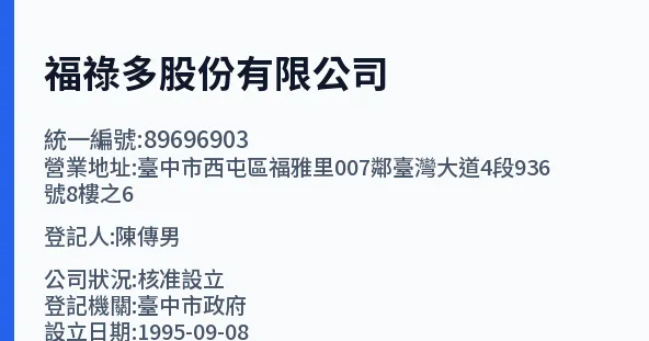 福祿多股份有限公司的照片-統編 89696903(臺中市) 公司登記資料與營業項目詳細圖表
