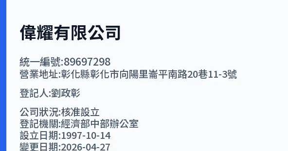 偉耀有限公司的照片-統編 89697298(彰化縣) 公司登記資料與營業項目詳細圖表