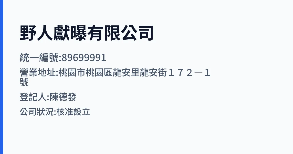 野人獻曝有限公司 - 統編 89699991(桃園市) 公司登記資料與營業項目詳細圖表