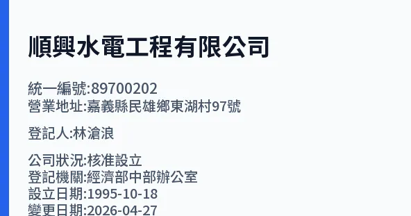 順興水電工程有限公司的照片-統編 89700202(嘉義縣) 公司登記資料與營業項目詳細圖表