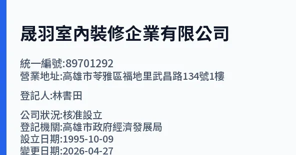 晟羽室內裝修企業有限公司的照片-統編 89701292(高雄市) 公司登記資料與營業項目詳細圖表