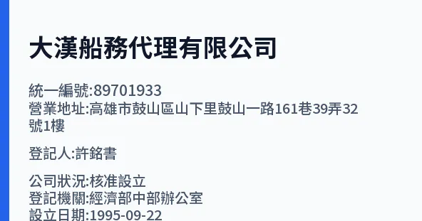 大漢船務代理有限公司的照片-統編 89701933(高雄市) 公司登記資料與營業項目詳細圖表