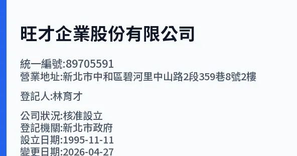 旺才企業股份有限公司的照片-統編 89705591(新北市) 公司登記資料與營業項目詳細圖表