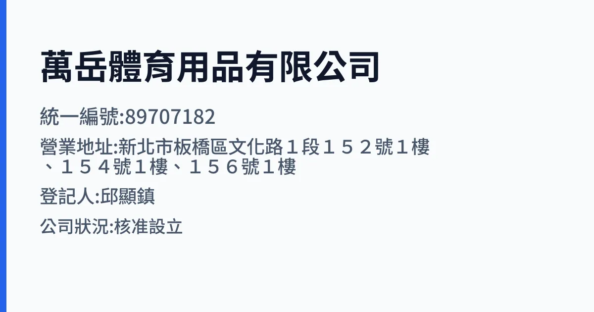 萬岳體育用品有限公司 - 統編 89707182(新北市) 公司登記資料與營業項目詳細圖表