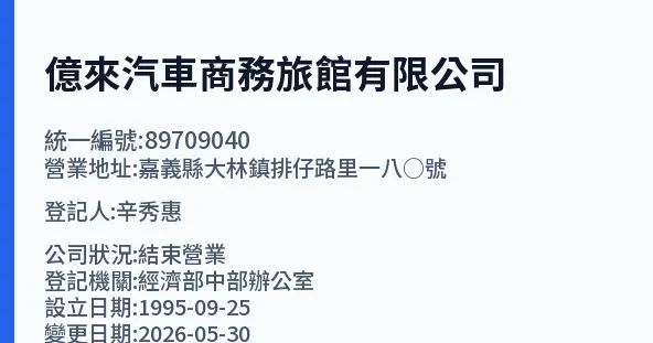 億來汽車商務旅館有限公司的照片-統編 89709040(嘉義縣) 公司登記資料與營業項目詳細圖表