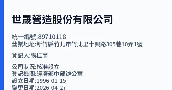 世晟營造股份有限公司的照片-統編 89710118(新竹縣) 公司登記資料與營業項目詳細圖表