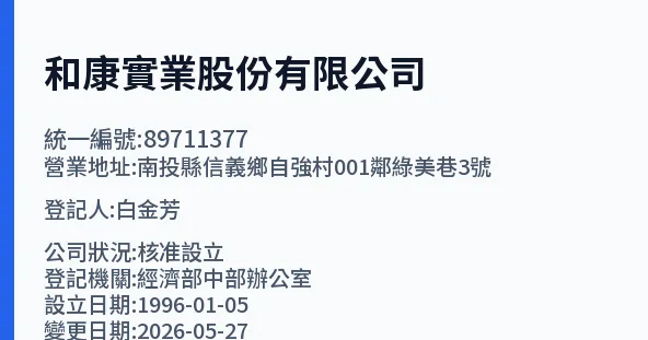 和康實業股份有限公司的照片-統編 89711377(南投縣) 公司登記資料與營業項目詳細圖表