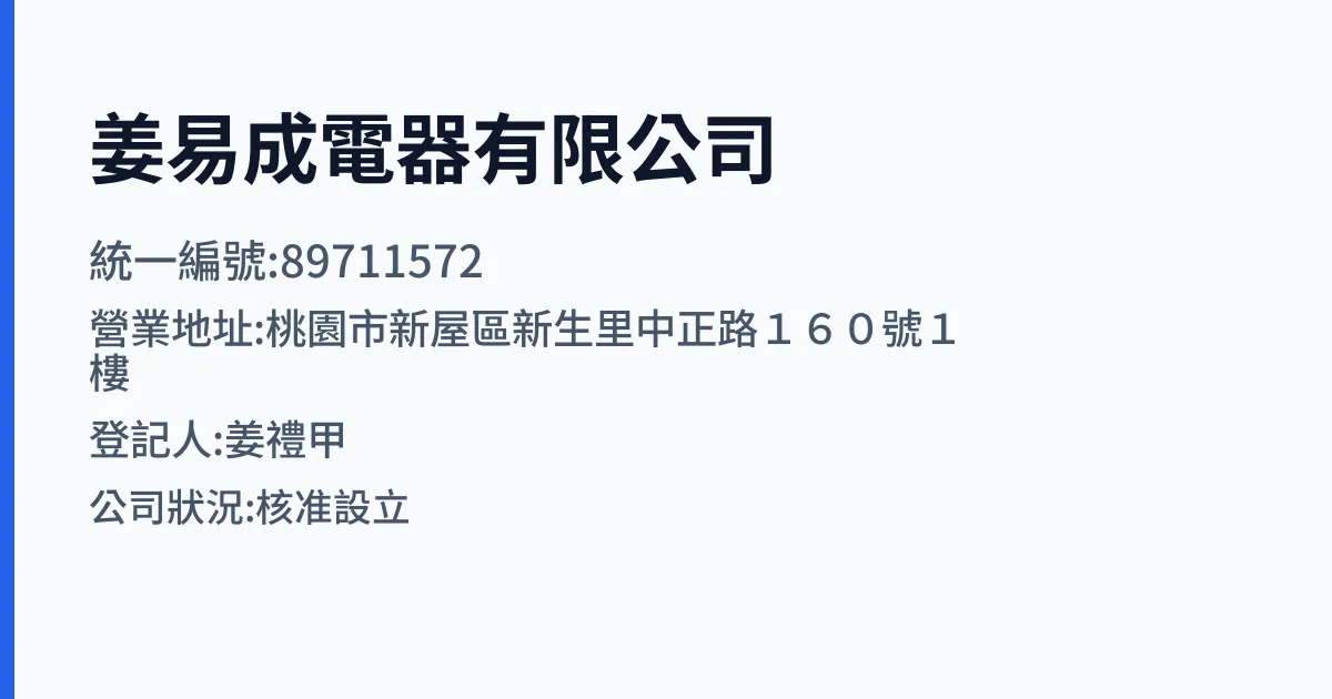 姜易成電器有限公司 - 統編 89711572(桃園市) 公司登記資料與營業項目詳細圖表