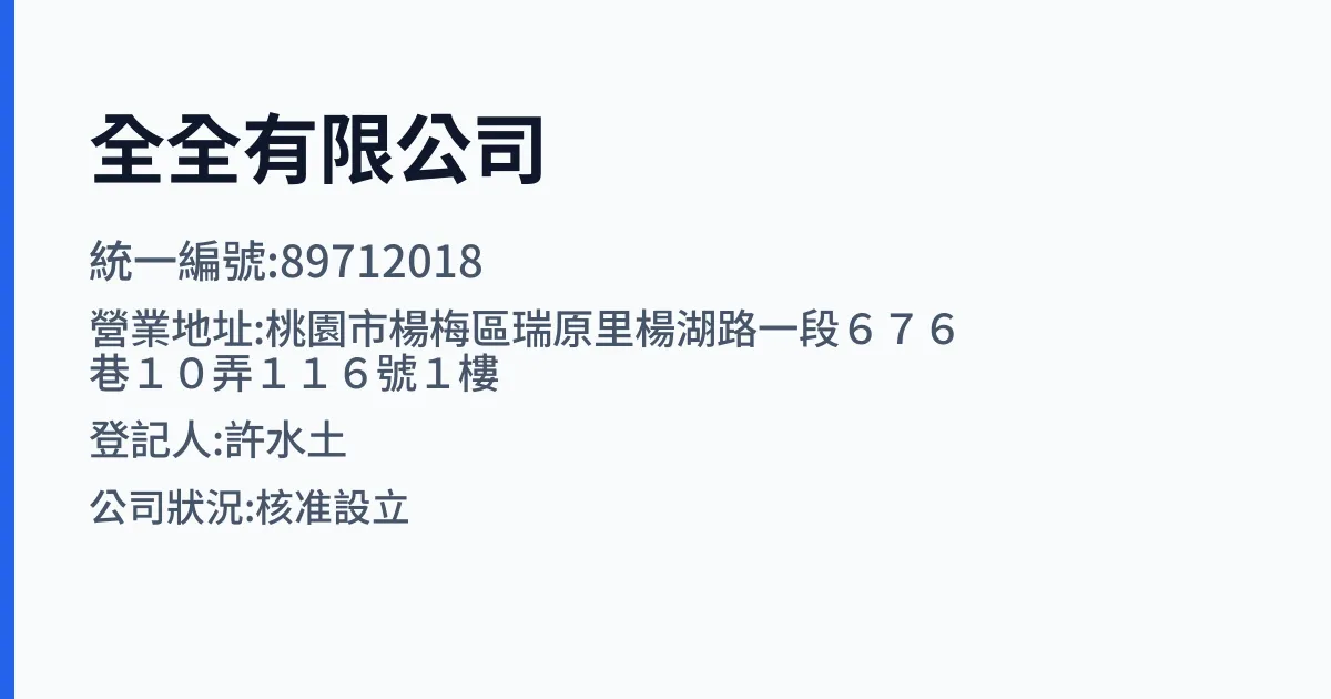全全有限公司 - 統編 89712018(桃園市) 公司登記資料與營業項目詳細圖表