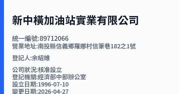 新中橫加油站實業有限公司的照片-統編 89712066(南投縣) 公司登記資料與營業項目詳細圖表