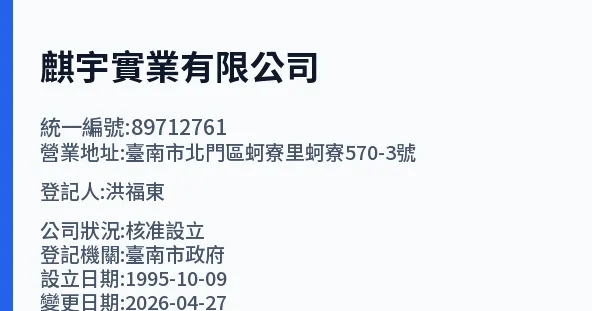 麒宇實業有限公司的照片-統編 89712761(臺南市) 公司登記資料與營業項目詳細圖表