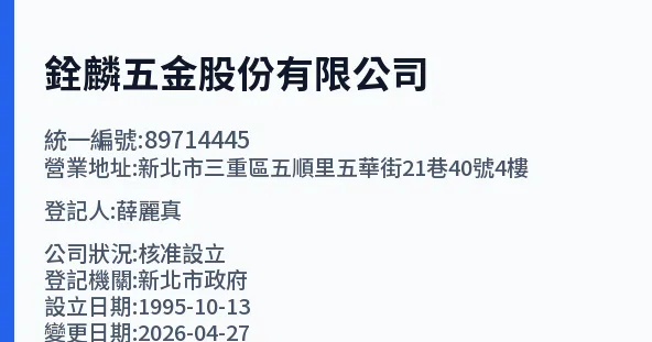 銓麟五金股份有限公司的照片-統編 89714445(新北市) 公司登記資料與營業項目詳細圖表