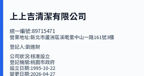 上上吉清潔有限公司的照片-統編 89715471(新北市) 公司登記資料與營業項目詳細圖表