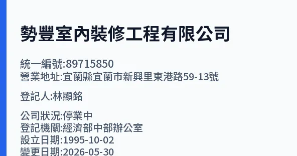 勢豐室內裝修工程有限公司的照片-統編 89715850(宜蘭縣) 公司登記資料與營業項目詳細圖表