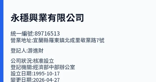 永穩興業有限公司的照片-統編 89716513(宜蘭縣) 公司登記資料與營業項目詳細圖表