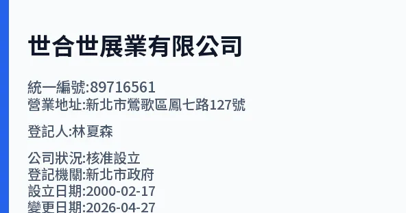 世合世展業有限公司的照片-統編 89716561(新北市) 公司登記資料與營業項目詳細圖表