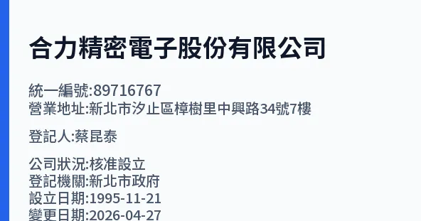 合力精密電子股份有限公司的照片-統編 89716767(新北市) 公司登記資料與營業項目詳細圖表