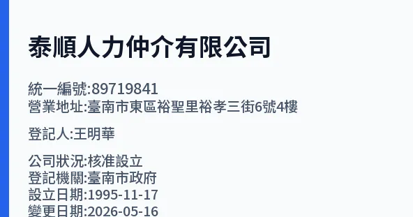 泰順人力仲介有限公司的照片-統編 89719841(臺南市) 公司登記資料與營業項目詳細圖表