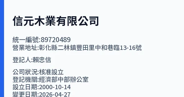 信元木業有限公司的照片-統編 89720489(彰化縣) 公司登記資料與營業項目詳細圖表
