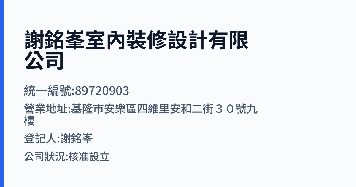 謝銘峯室內裝修設計有限公司 - 統編 89720903(基隆市) 公司登記資料與營業項目詳細圖表