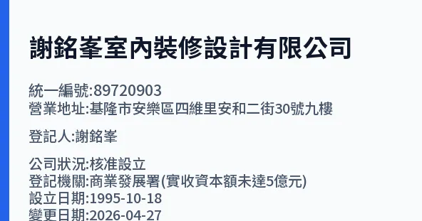 謝銘峯室內裝修設計有限公司的照片-統編 89720903(基隆市) 公司登記資料與營業項目詳細圖表