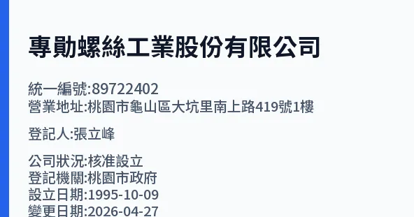 專勛螺絲工業股份有限公司的照片-統編 89722402(桃園市) 公司登記資料與營業項目詳細圖表