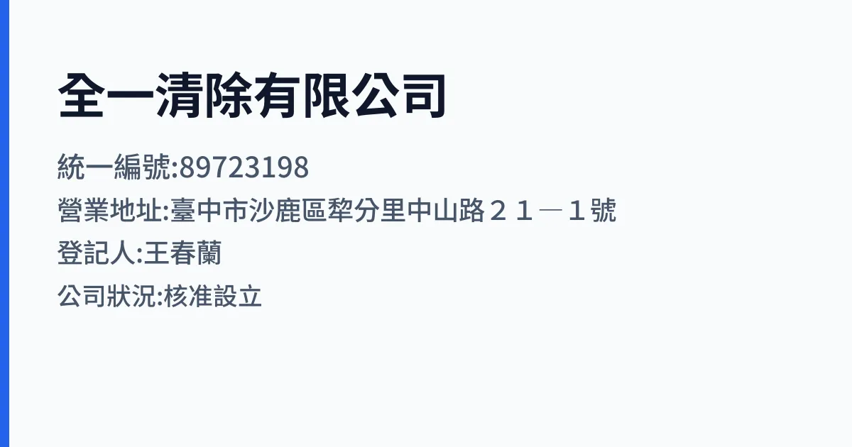 全一清除有限公司 - 統編 89723198(臺中市) 公司登記資料與營業項目詳細圖表