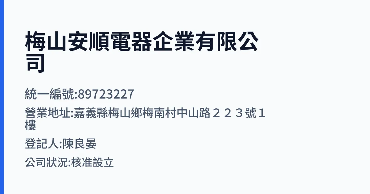 梅山安順電器企業有限公司 - 統編 89723227(嘉義縣) 公司登記資料與營業項目詳細圖表