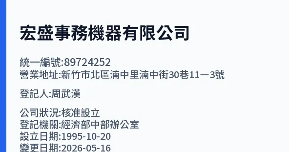 宏盛事務機器有限公司的照片-統編 89724252(新竹市) 公司登記資料與營業項目詳細圖表