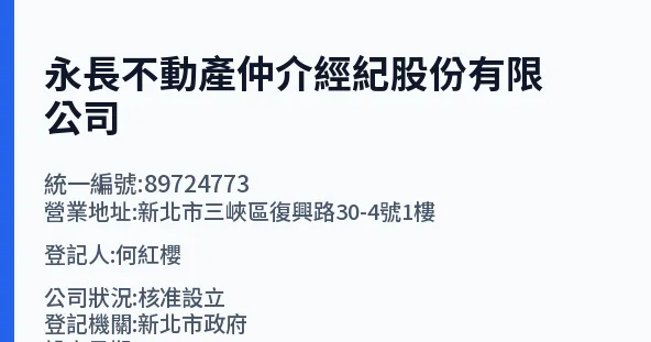 永長不動產仲介經紀股份有限公司的照片-統編 89724773(新北市) 公司登記資料與營業項目詳細圖表