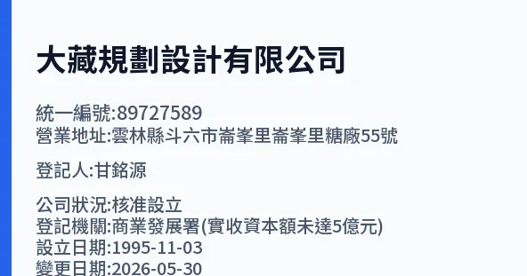 大藏規劃設計有限公司的照片-統編 89727589(雲林縣) 公司登記資料與營業項目詳細圖表
