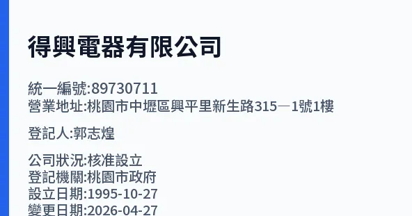 得興電器有限公司的照片-統編 89730711(桃園市) 公司登記資料與營業項目詳細圖表