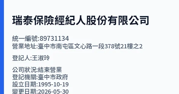 瑞泰保險經紀人股份有限公司的照片-統編 89731134(臺中市) 公司登記資料與營業項目詳細圖表
