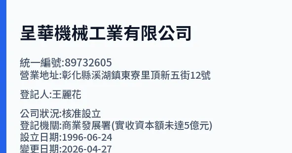 呈華機械工業有限公司的照片-統編 89732605(彰化縣) 公司登記資料與營業項目詳細圖表