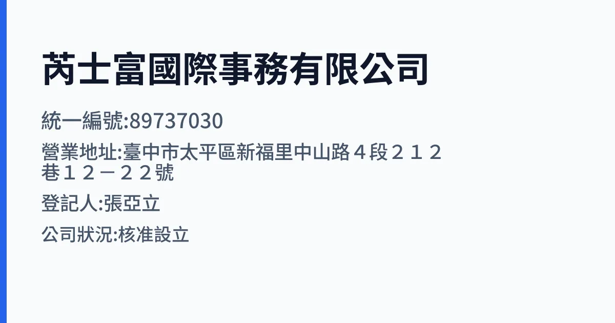 芮士富國際事務有限公司 - 統編 89737030(臺中市) 公司登記資料與營業項目詳細圖表