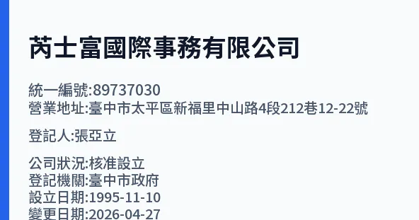 芮士富國際事務有限公司的照片-統編 89737030(臺中市) 公司登記資料與營業項目詳細圖表
