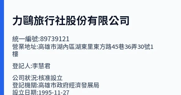力鷗旅行社股份有限公司的照片-統編 89739121(高雄市) 公司登記資料與營業項目詳細圖表